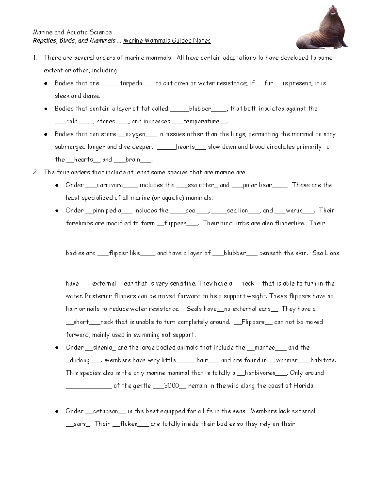 Marine Mammals Guided Notes - Marine and Aquatic Science Reptiles ...
