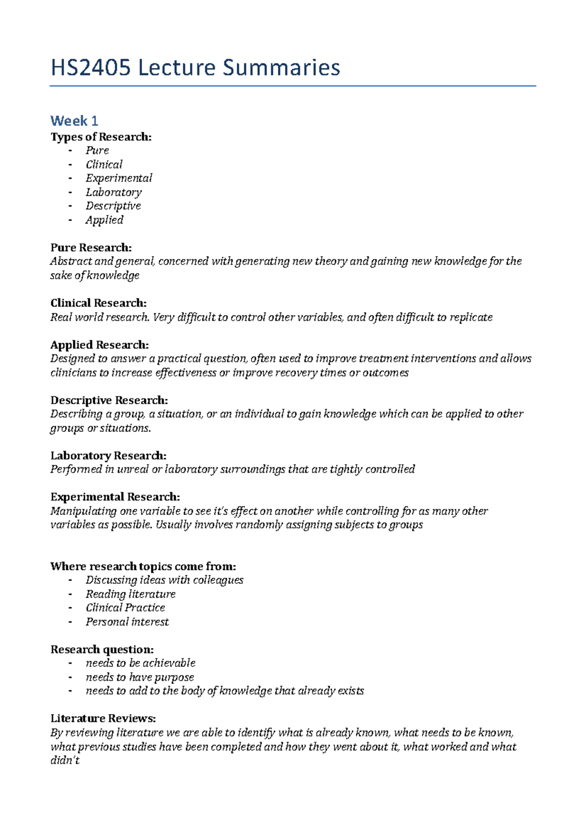 Lecture Notes Lectures 1 11 Hs2405 Lecture Summaries Week 1 Types Of 0576