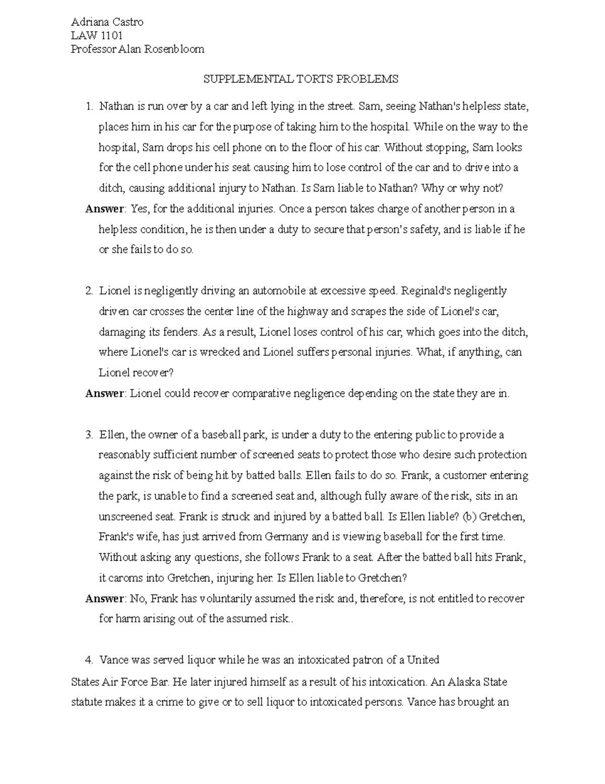 Supplemental Torts Problems - Adriana Castro LAW 1101 Professor Alan ...