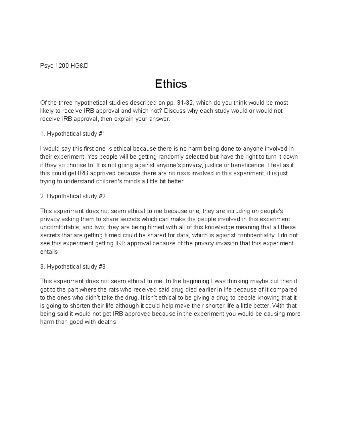 Ethics Assignment - Professor Goldman - Psyc 1200 HG&D Ethics Of the ...