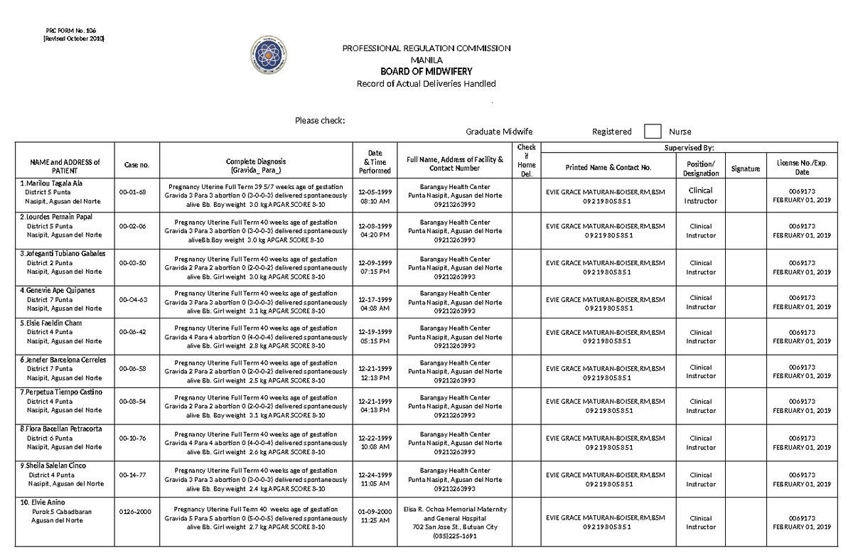 Record of Actual Deliveries Handled(Page 1) - PRC FORM No. 106 (Revised ...