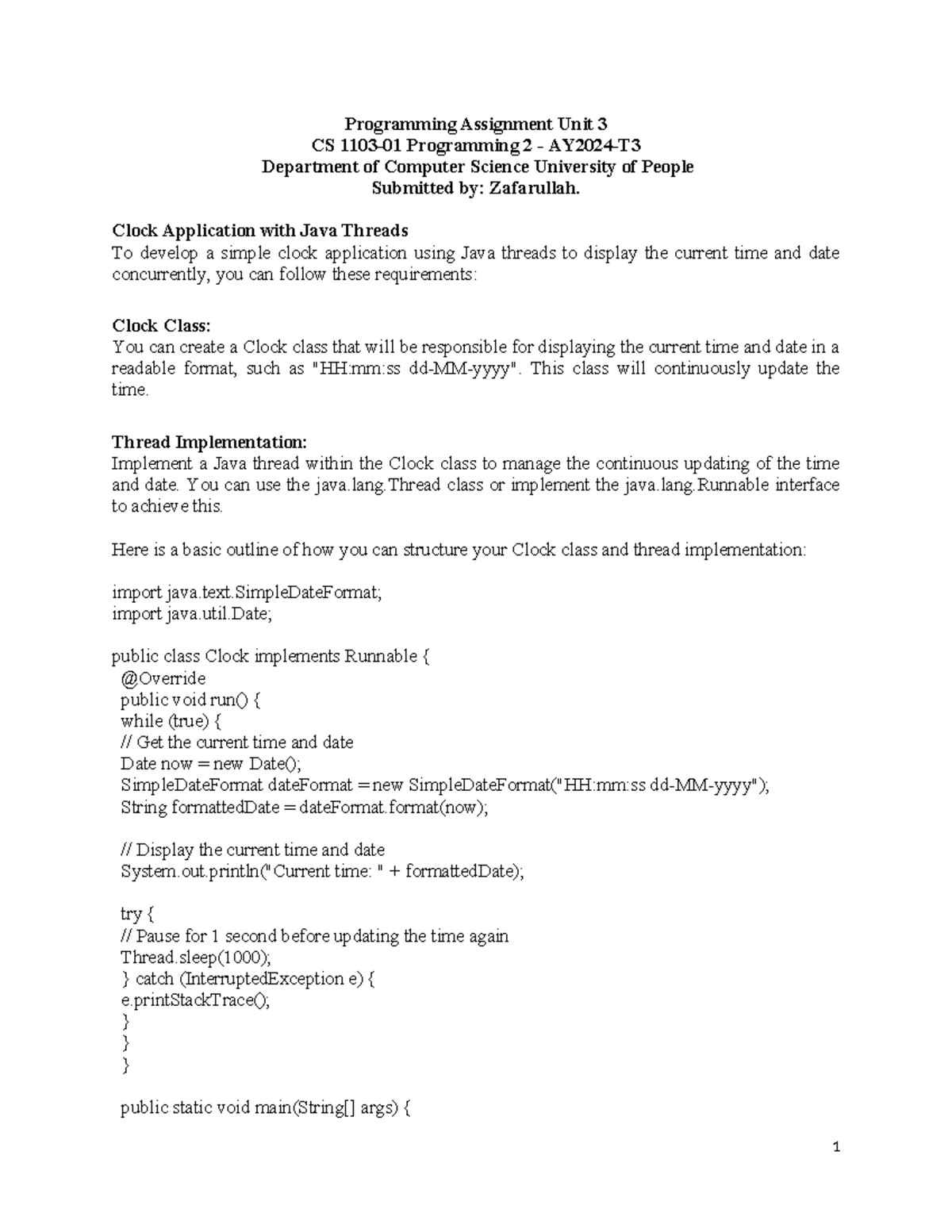 Programming Assignment Unit 3 Clock Application With Java Threads To Develop A Simple Clock 0054
