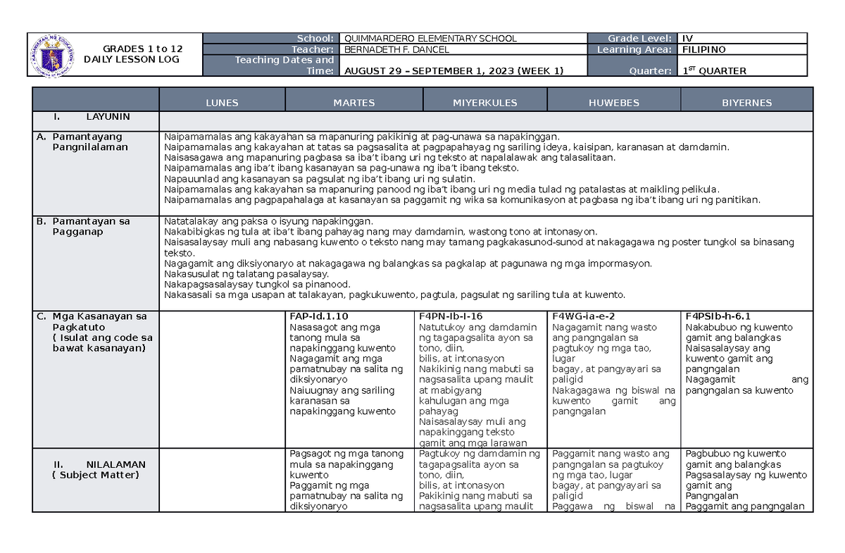 DLL Filipino 4 Q1 W1 - GRADES 1 to 12 DAILY LESSON LOG School: QUIMMARDERO ELEMENTARY SCHOOL ...