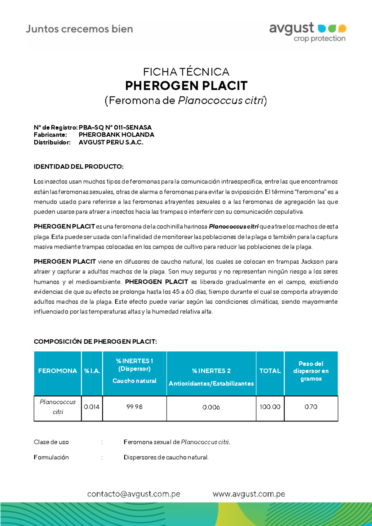 FT Pherogen Placit 1 - FICHA TÉCNICA PHEROGEN PLACIT (Feromona de ...