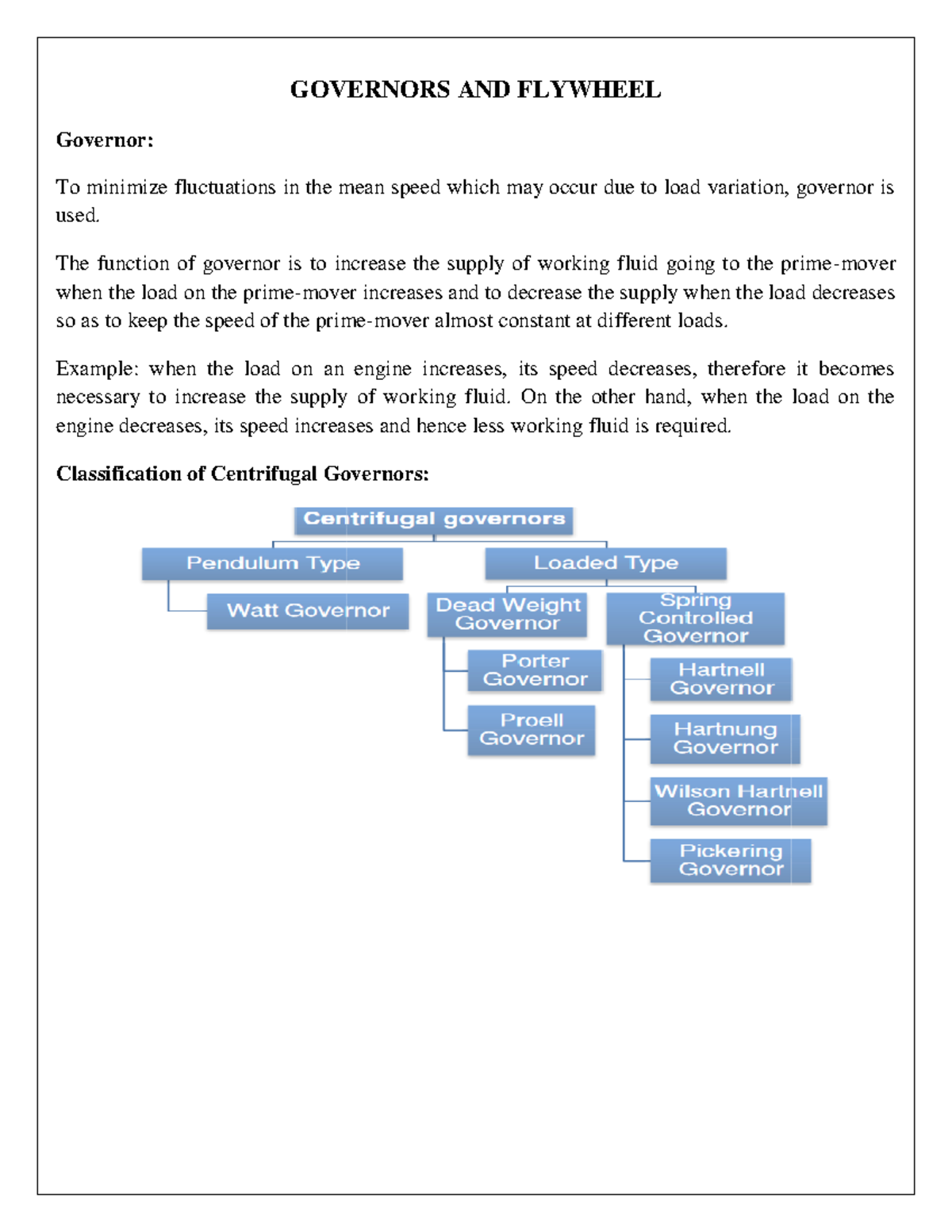 Lecture-notes TOM - Notes - GOVERNORS AND FLYWHEEL Governor: To ...