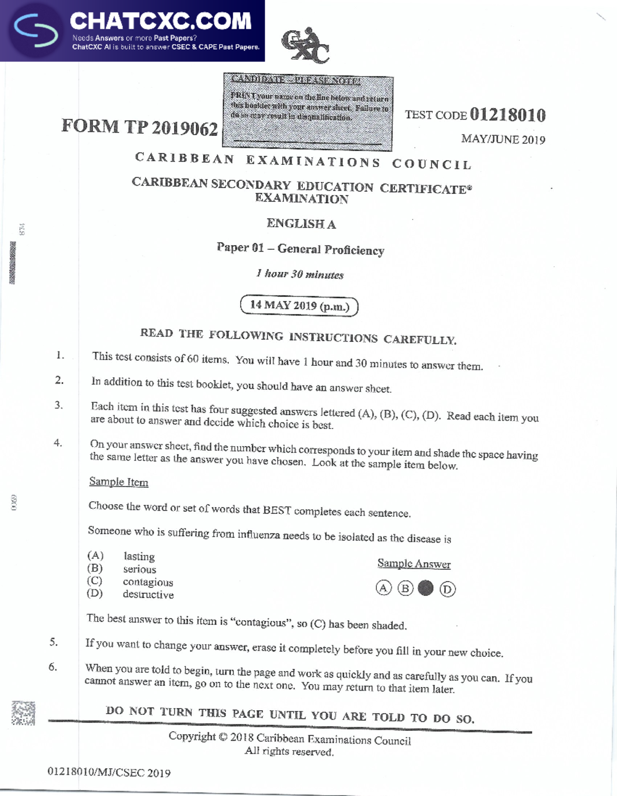 CSEC English A P1 2019 - Past paper - Human and social biology - Studocu