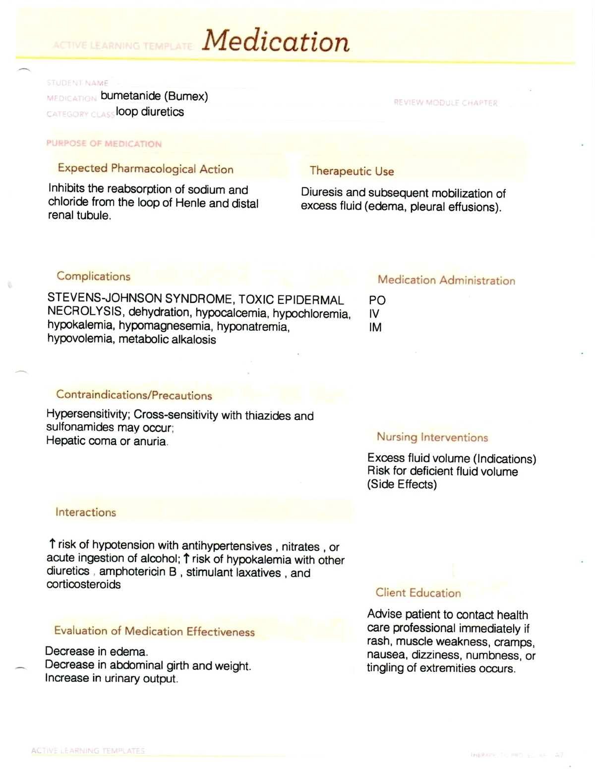 Ati Bumetanide (Bumex) Medication Sheet - PNSG 2240 - Studocu