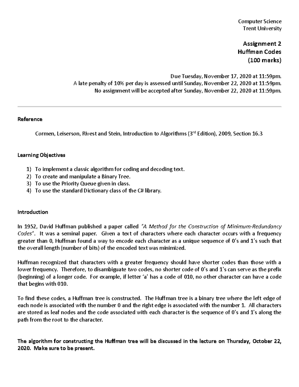 Ass220f - Assignment for the course - Computer Science Trent University ...