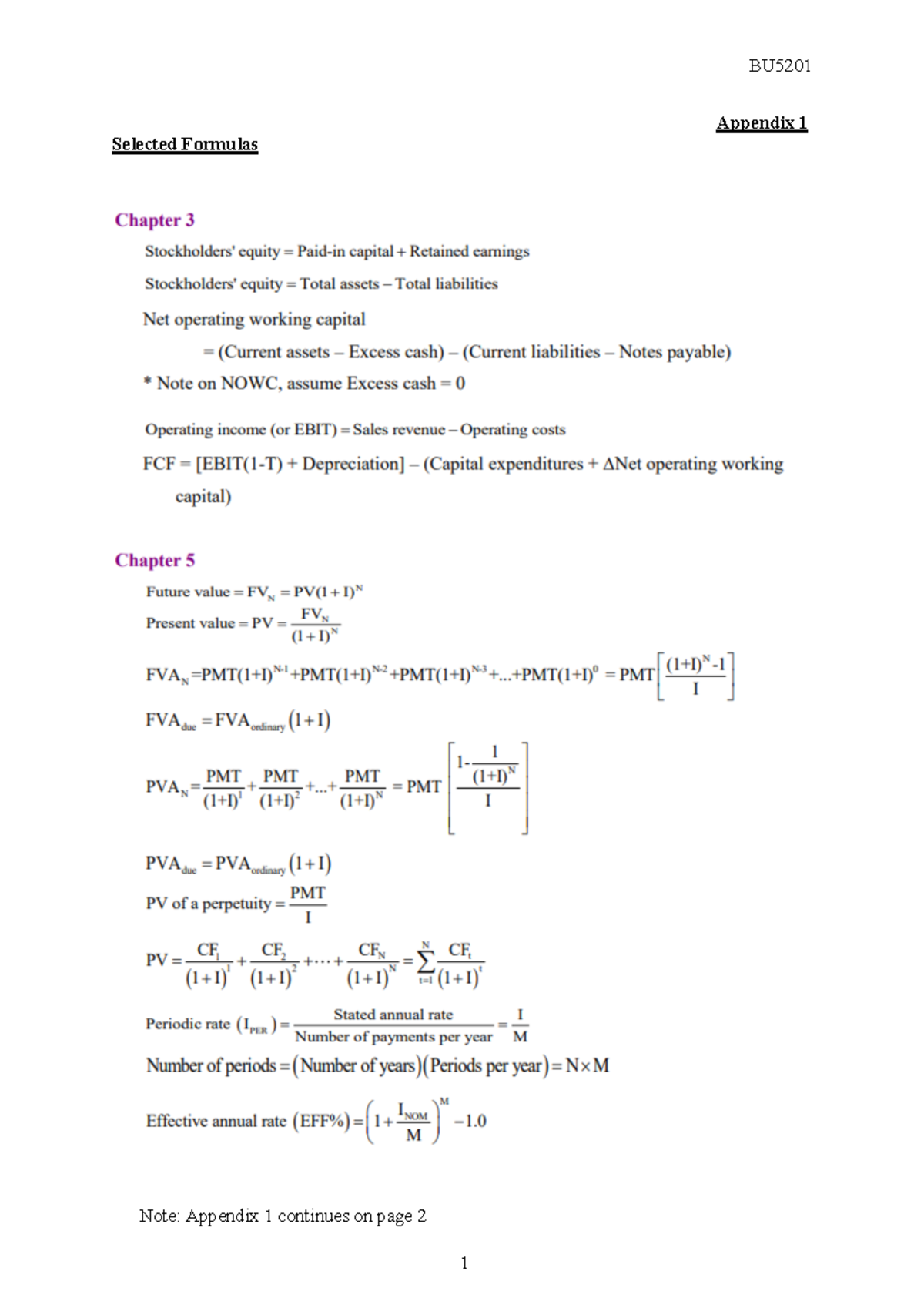 BU5201 Formula Sheet - BU8201 - Appendix 1 Selected Formulas Note ...