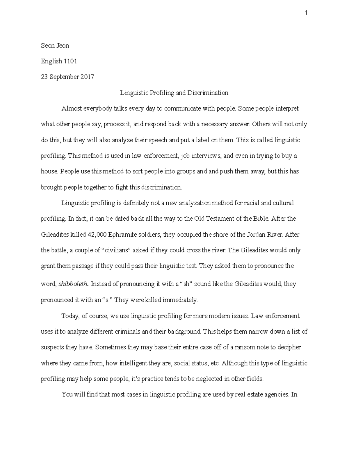 Linguistic Profiling and Discrimination - Seon Jeon English 1101 23 ...