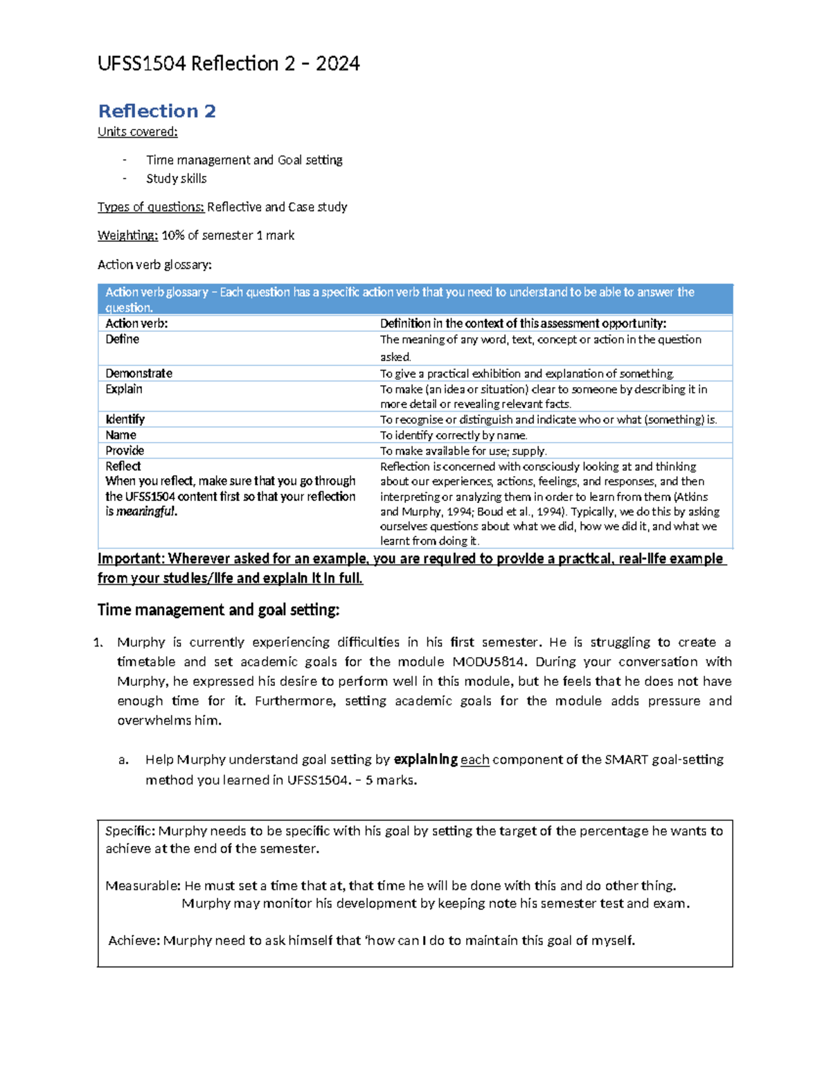 Reflection 2 worksheet Final 2024 - Reflection 2 Units covered: Time ...