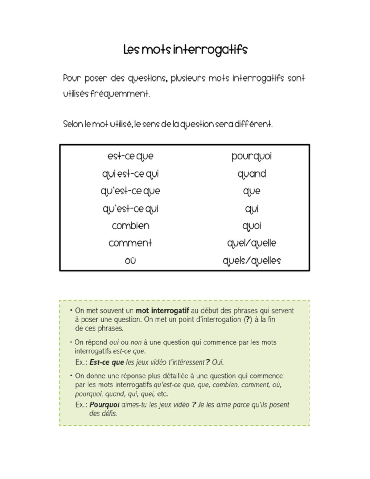 F01 Les mots interrogatifs 2 - Les mots interrogatifs Complète chaque ...