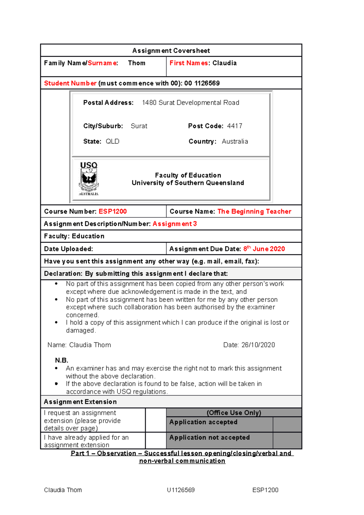 ESP Prac Assignment - Assignment Coversheet Family Name/Surname: Thom ...