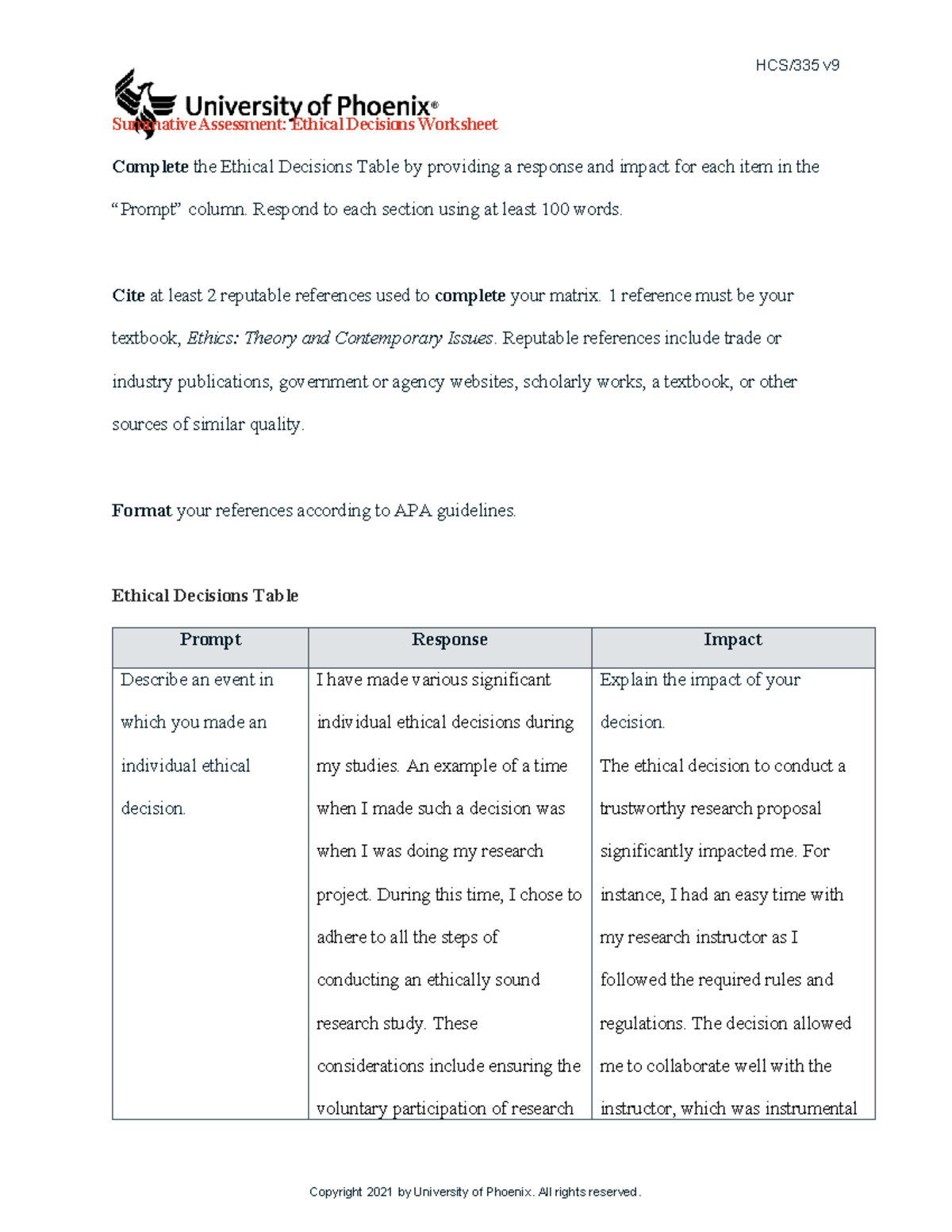 Hcs335 v9 wk2 ethical decisions worksheet 1 - HCS/335 v Summative ...
