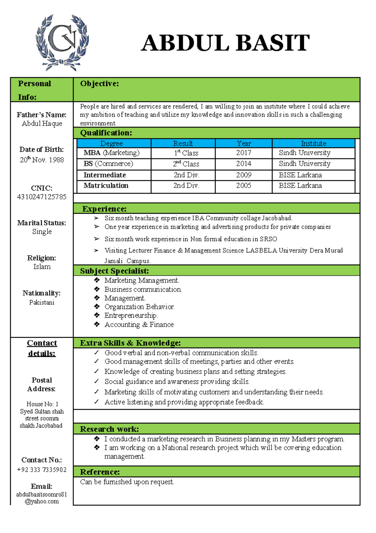 A Basit Somroo Cv-2 - Format of CV - ABDUL BASIT Personal Info: Objective: Father’s Name: Abdul ...