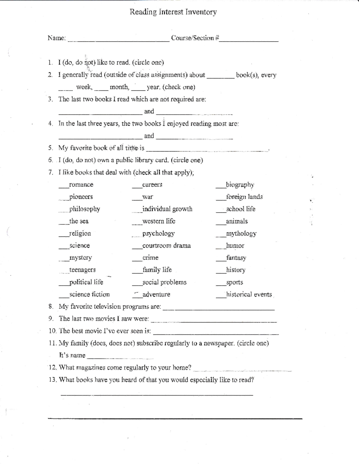 Reading Interest Inventory - Reading Interest Inventory Name ...