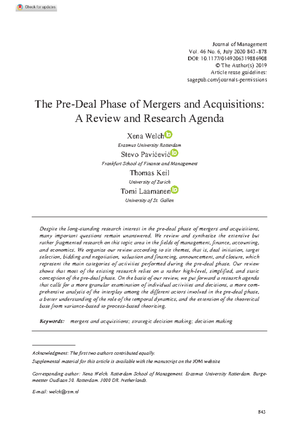 Welch et al 2020 The Pre-Deal Phase of Mergers and Acquisitions JOM ...