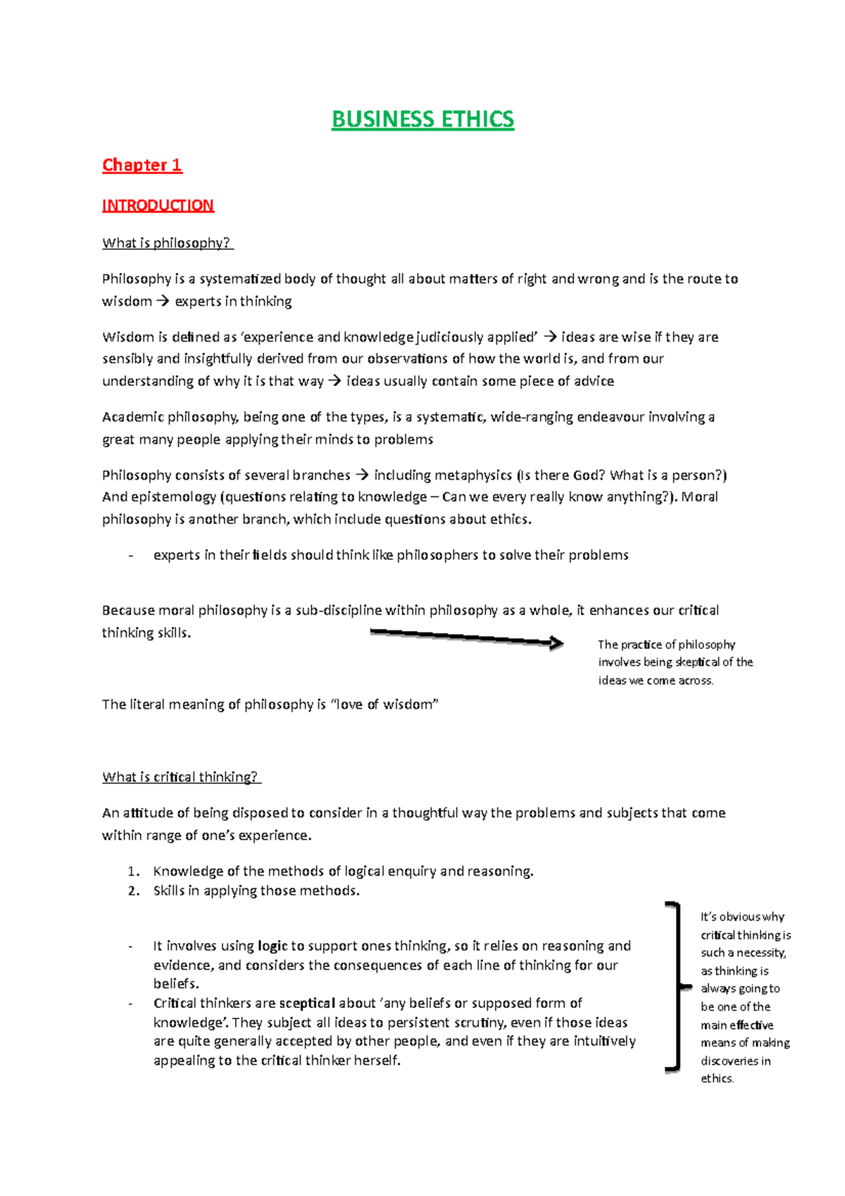 Textbook Notes updated copy - BUSINESS ETHICS Chapter 1 INTRODUCTION ...