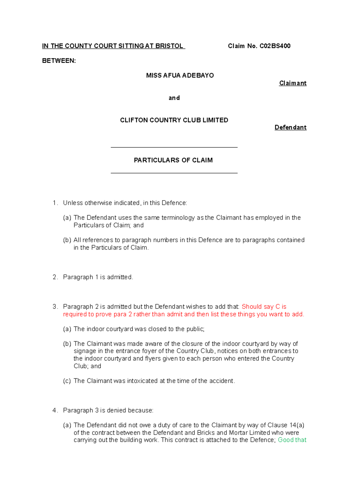 Drafting WS7 defence - IN THE COUNTY COURT SITTING AT BRISTOL Claim No ...