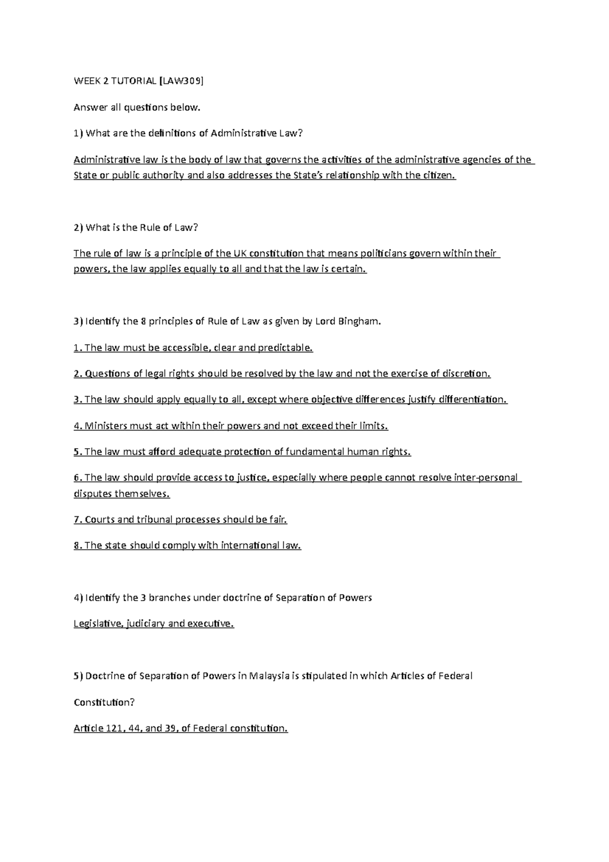 WEEK 2 Tutorial LAW 309 - Law 309 - WEEK 2 TUTORIAL [LAW309] Answer all ...