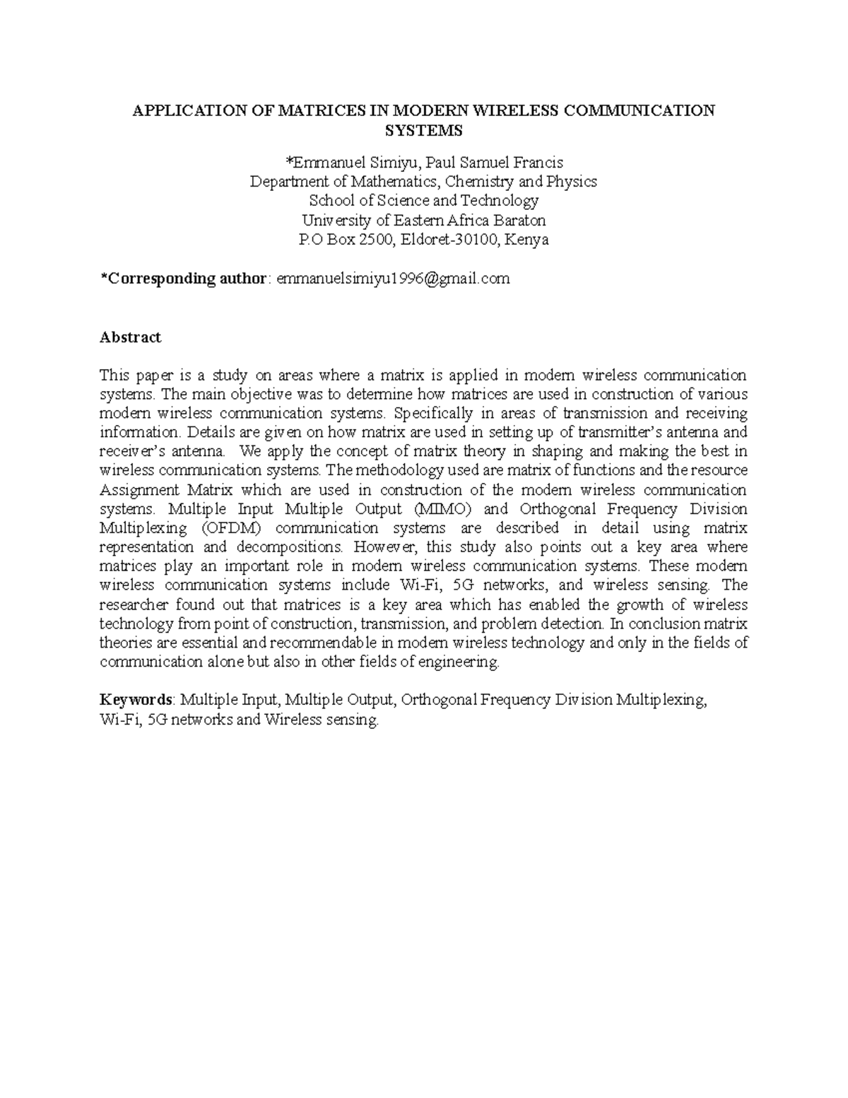 Application OF Matrices IN Modern Wireless Communication Systems - Math ...