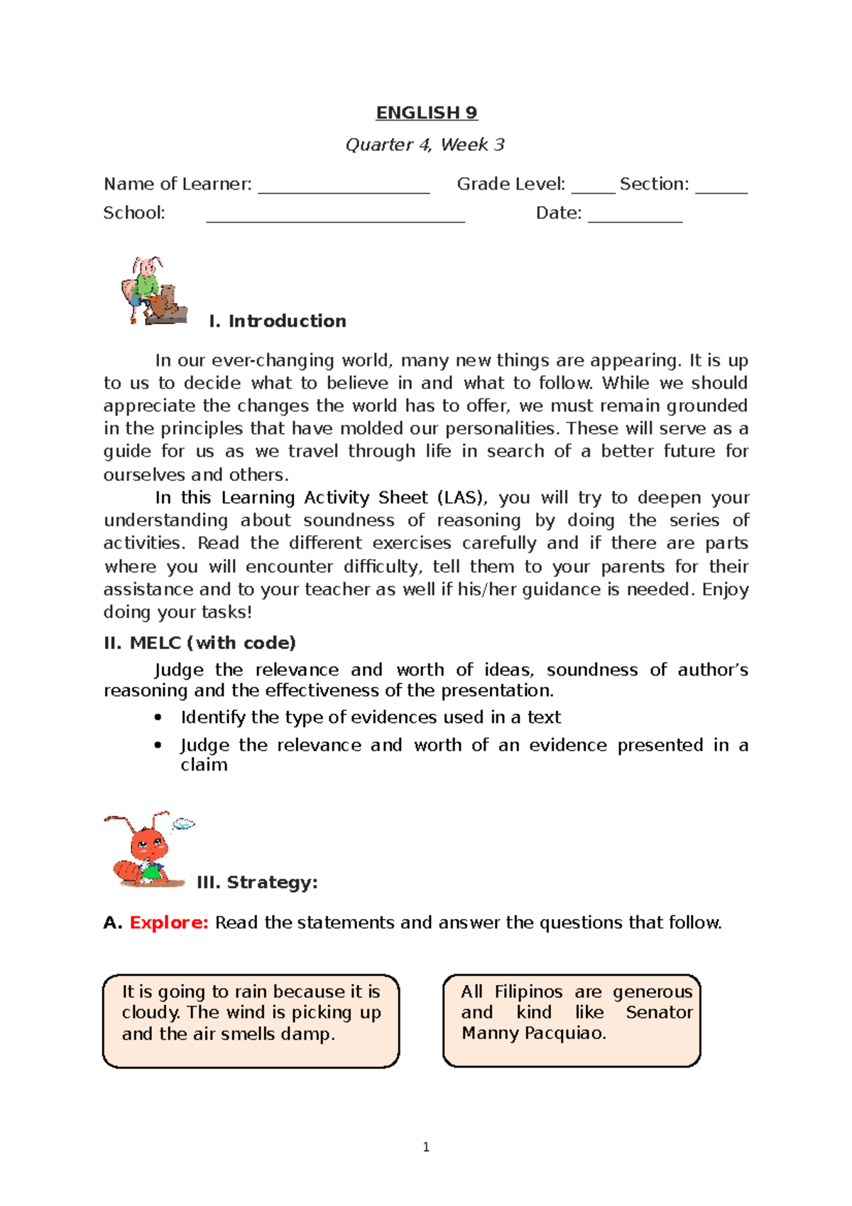 ENG9 SY2021 2022 LAS week 3 - ENGLISH 9 Quarter 4, Week 3 Name of ...