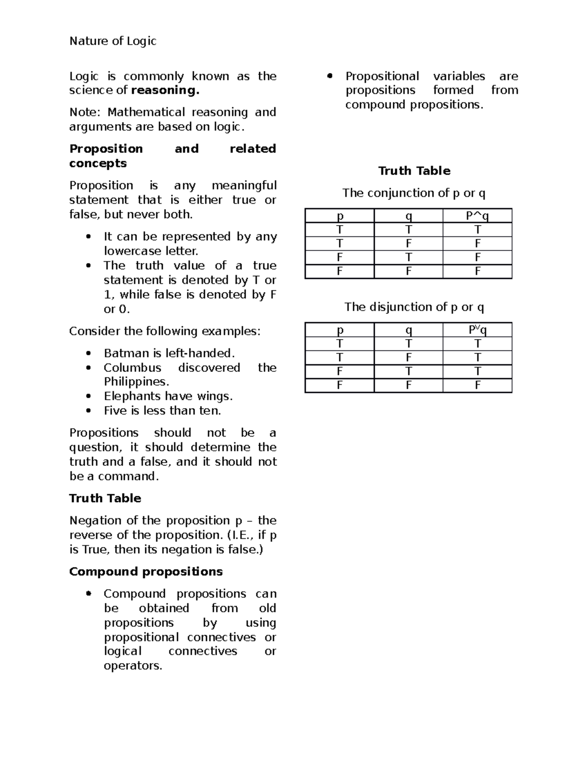 Truth table in Mathematics in the Modern World - Nature of Logic Logic ...