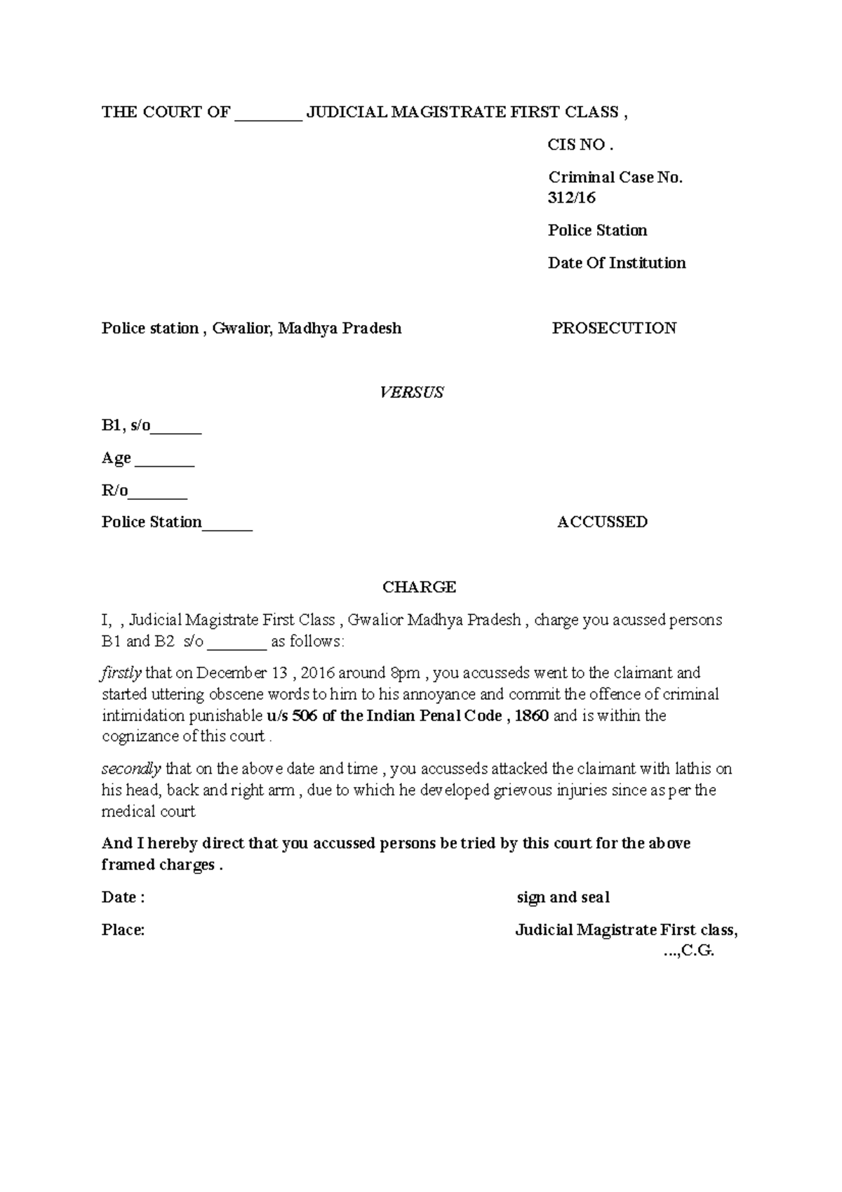 document contains a sample judgement for filling in a court - THE COURT ...