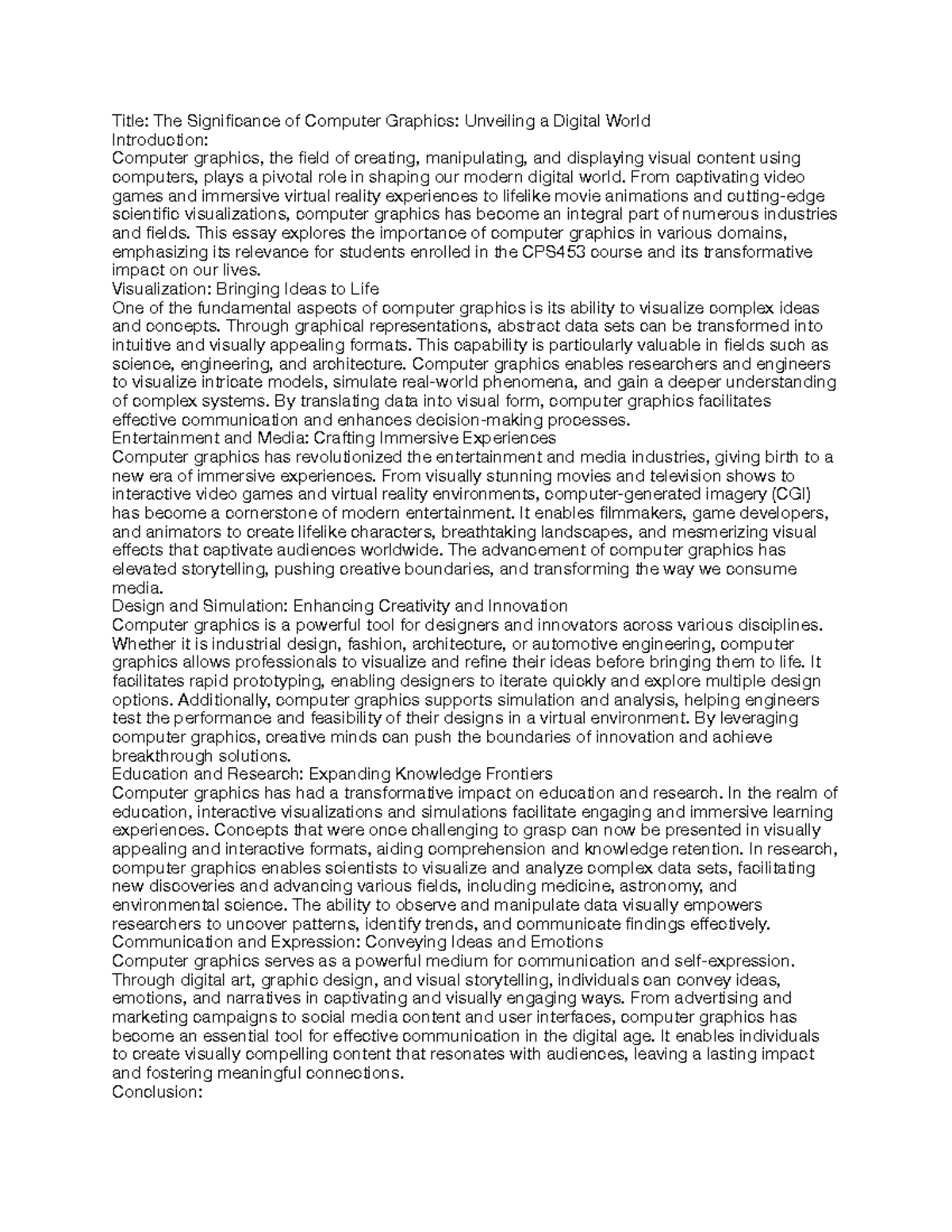 Cpsc453 - importance of graphics - Title: The Significance of Computer ...