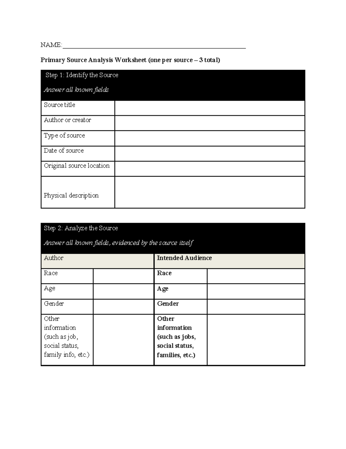 Primary Source Paper Worksheet - NAME