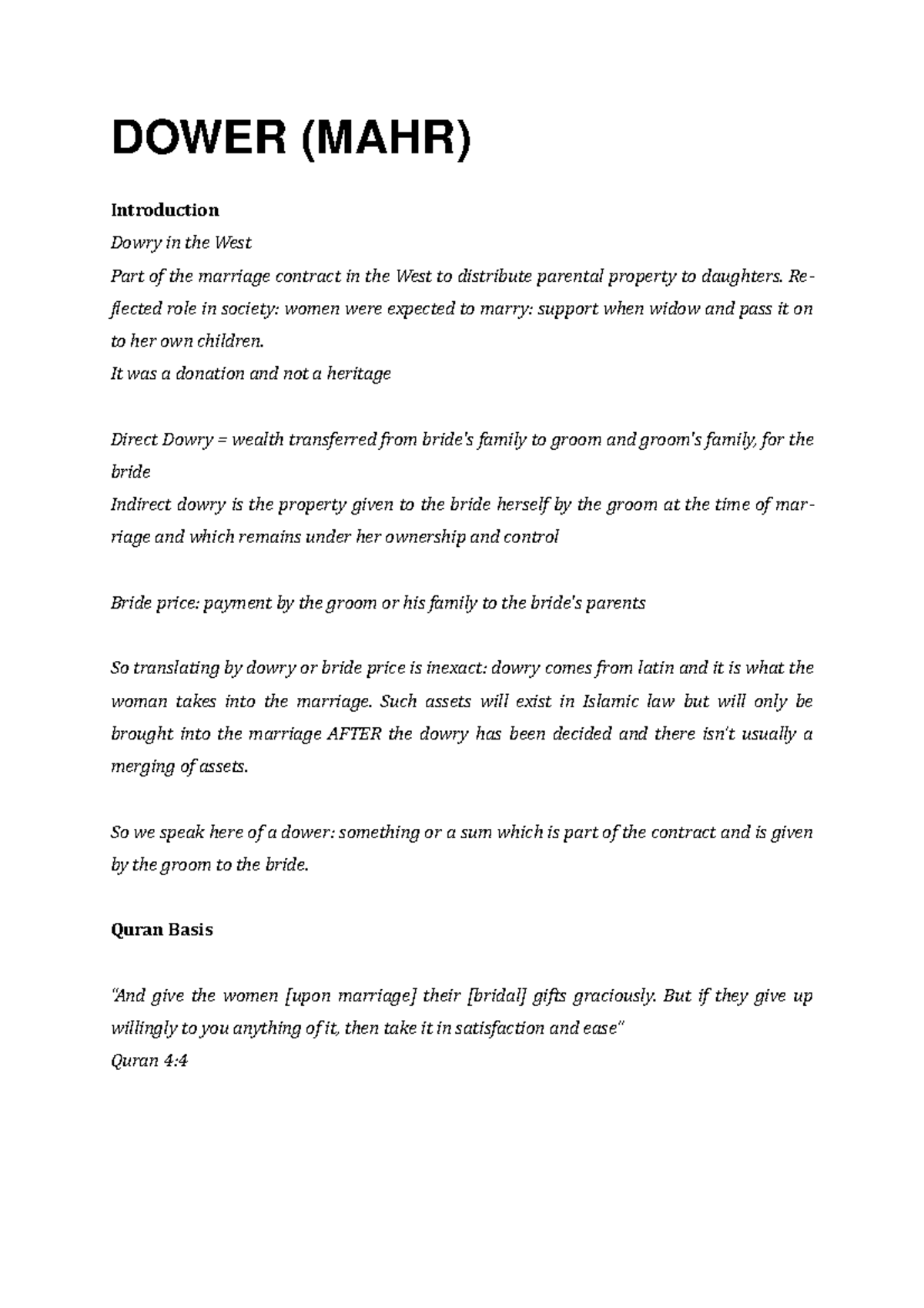 Dower (MAHR) - DOWER (MAHR) Introduction Dowry in the West Part of the marriage contract in the ...