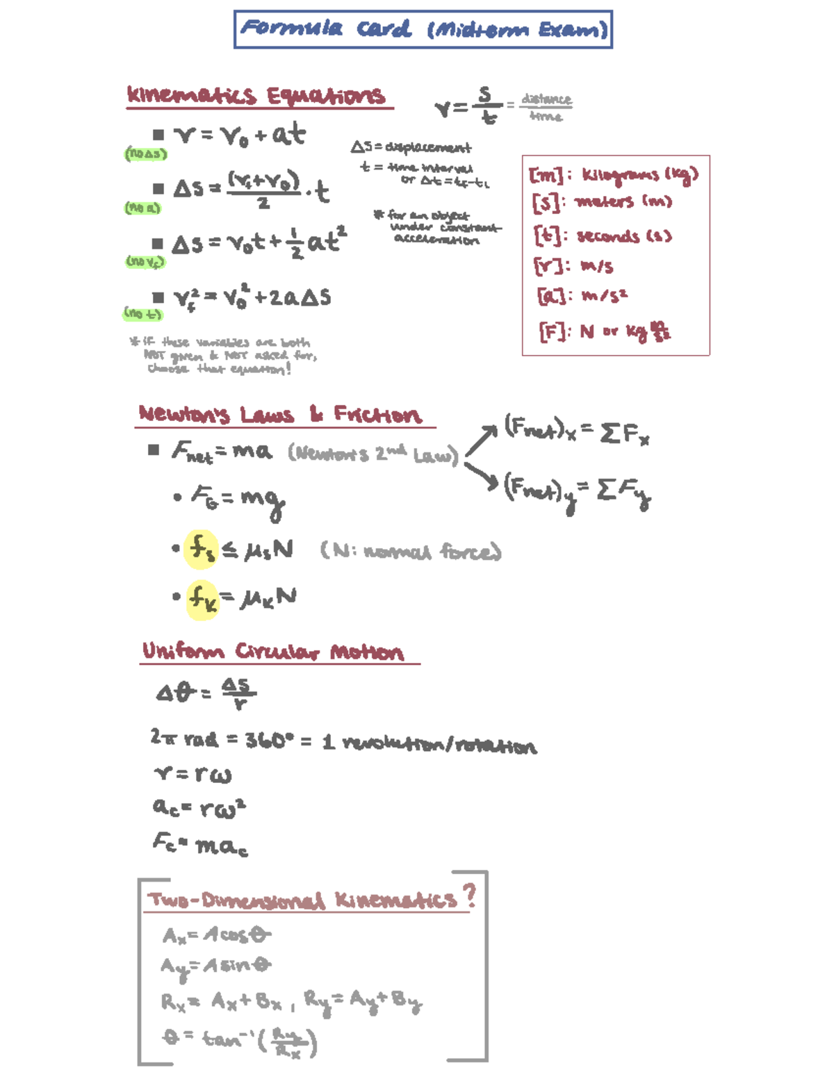Midterm 1 Formula Card - Formula card (midterm Exam) kinematics ...