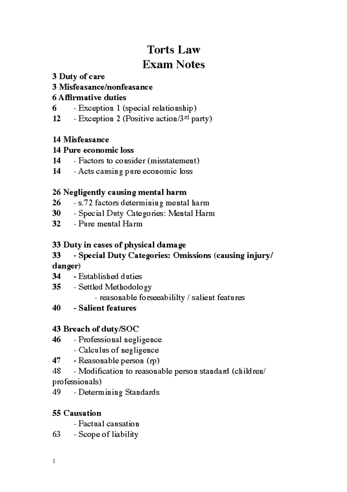 Torts - Final EXAM Notes PDF - Torts Law Exam Notes 3 Duty of care 3 ...