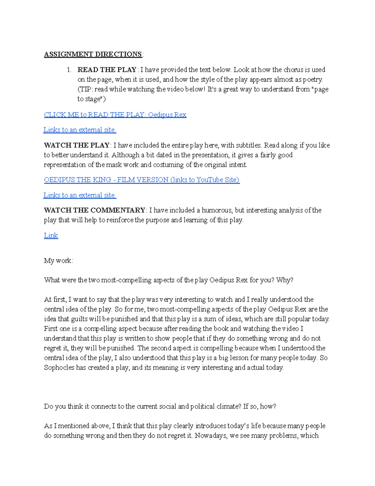 IS Oedipus Complex - ASSIGNMENT DIRECTIONS: READ THE PLAY: I have ...