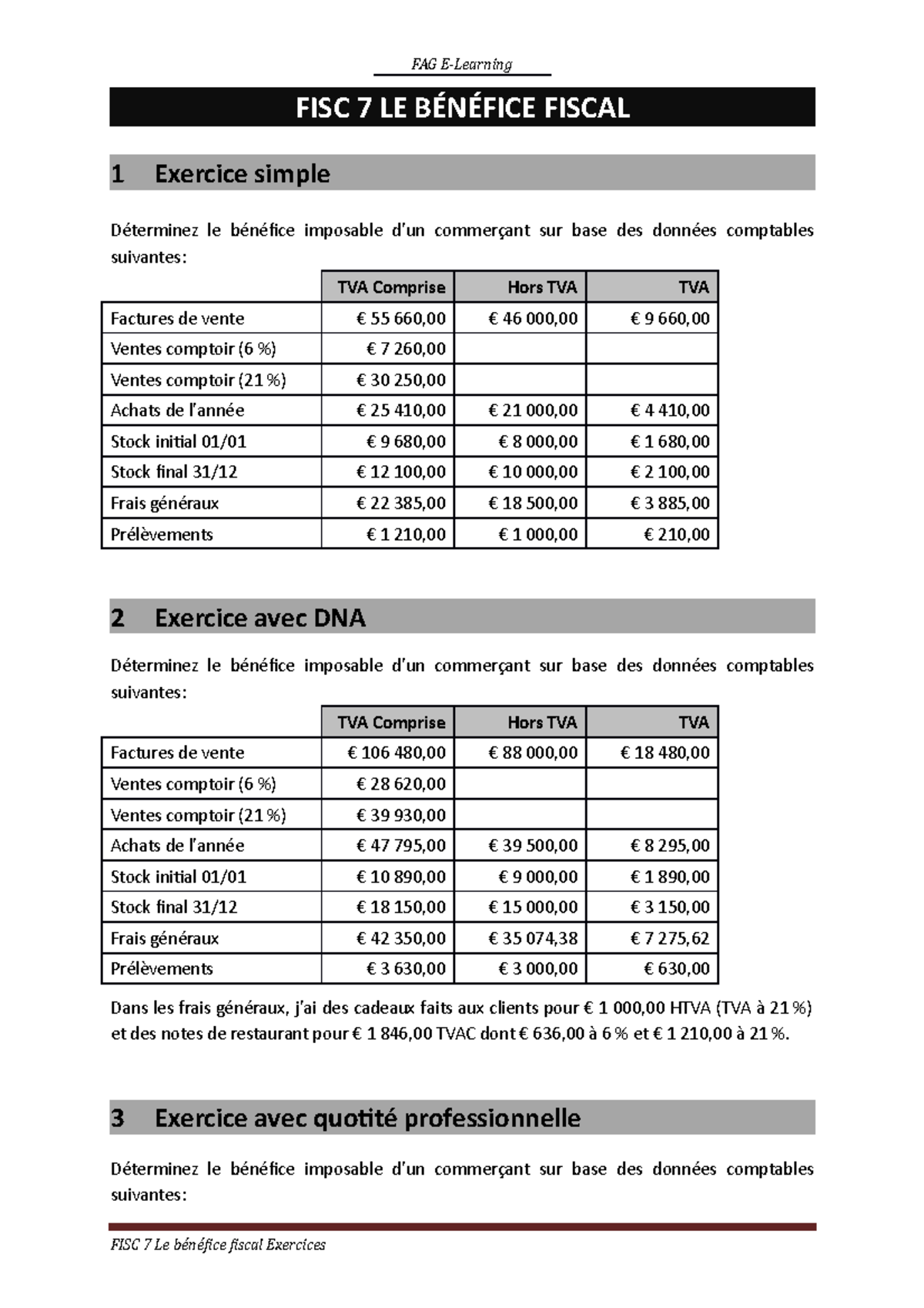 FISC 7 Le bénéfice fiscal Exercices - FAG E-Learning FISC 7 LE BÉNÉFICE ...