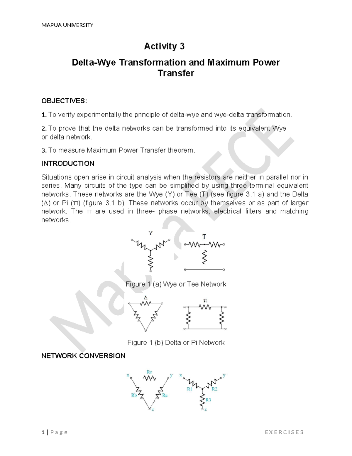 Activity-3 Delta-TO-WYE - Activity 3 Delta-Wye Transformation and Maximum Power Transfer ...