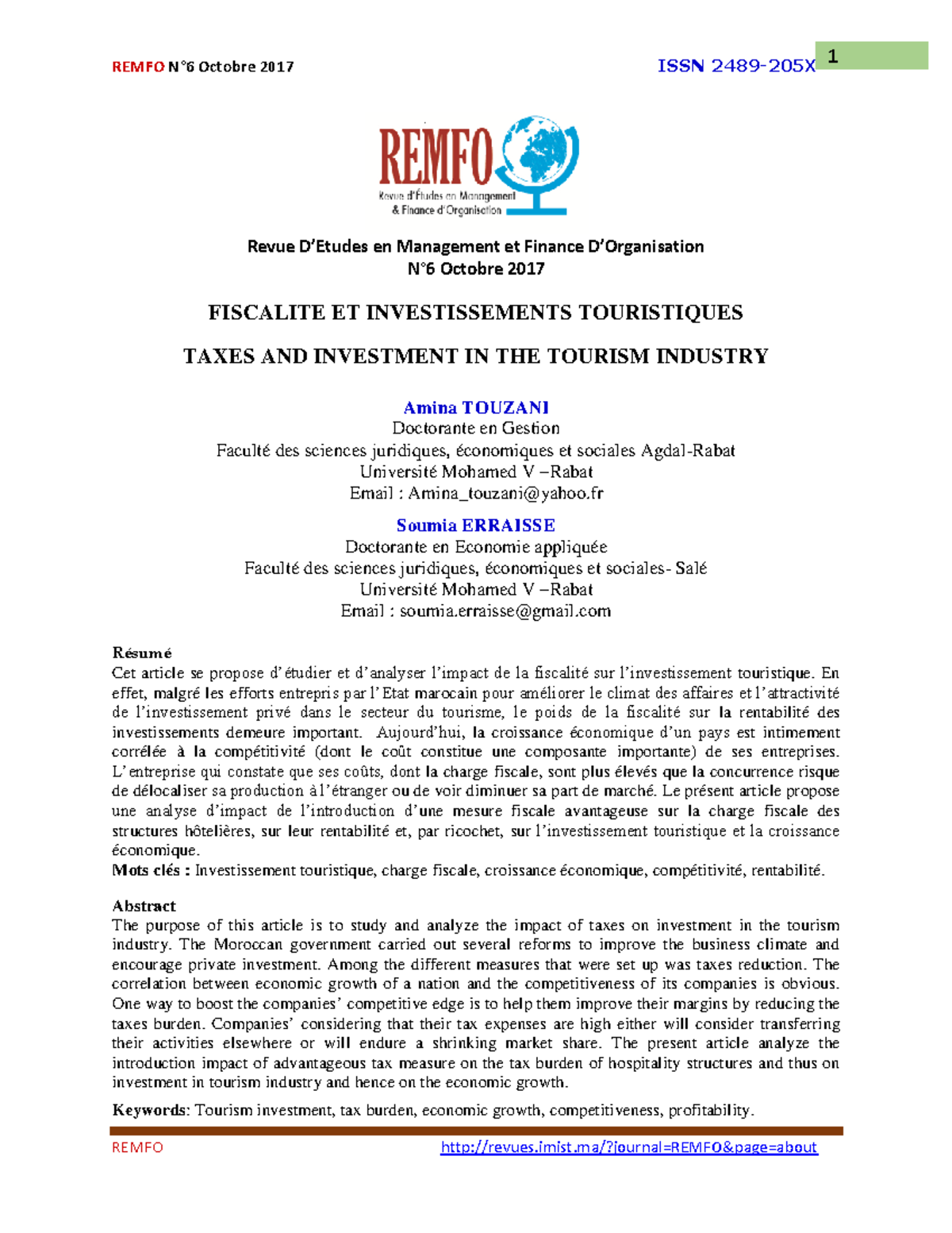 Sara,+article+errais - REMFO N°6 Octobre 2017 ISSN 2489-205X Revue D’Etudes eŶ MaŶageŵeŶt et ...