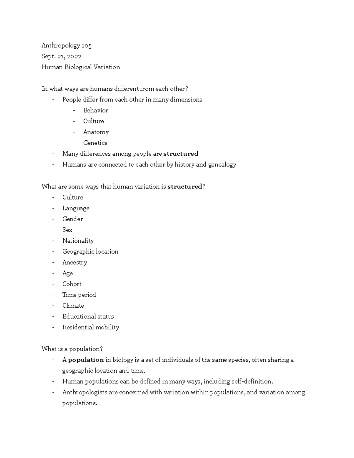 Anthropology Human Biological Variation - Anthropology 105 Sept. 21 ...