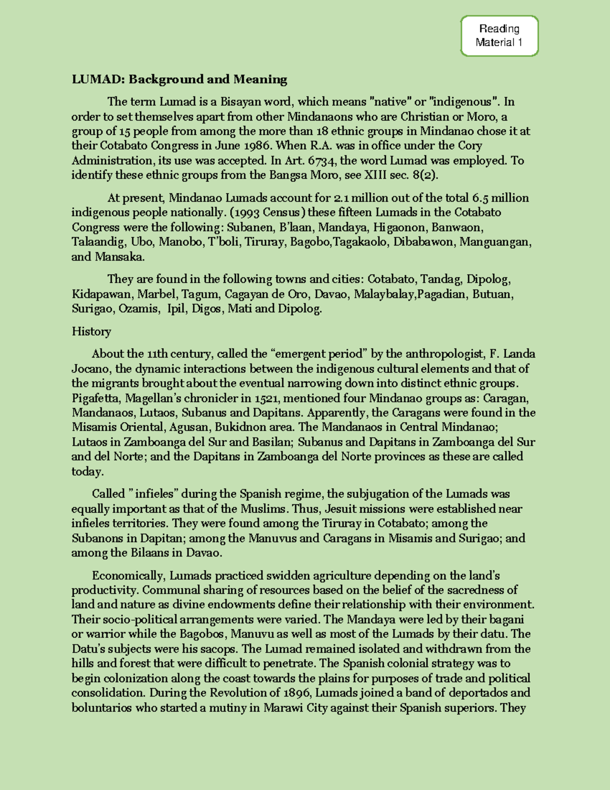 The Lumad of Mindanao - Material 1 LUMAD: Background and Meaning The ...