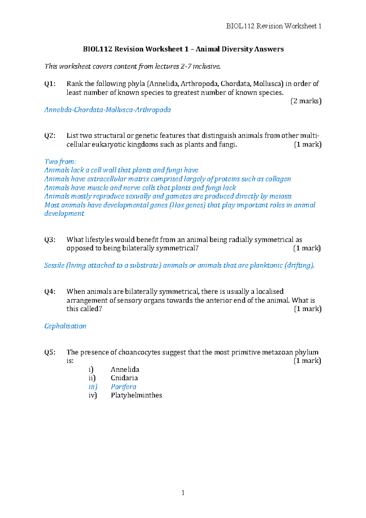 BIOL112 Revision Worksheet 1 Animal Diversity Answers - **BIOL112 ...