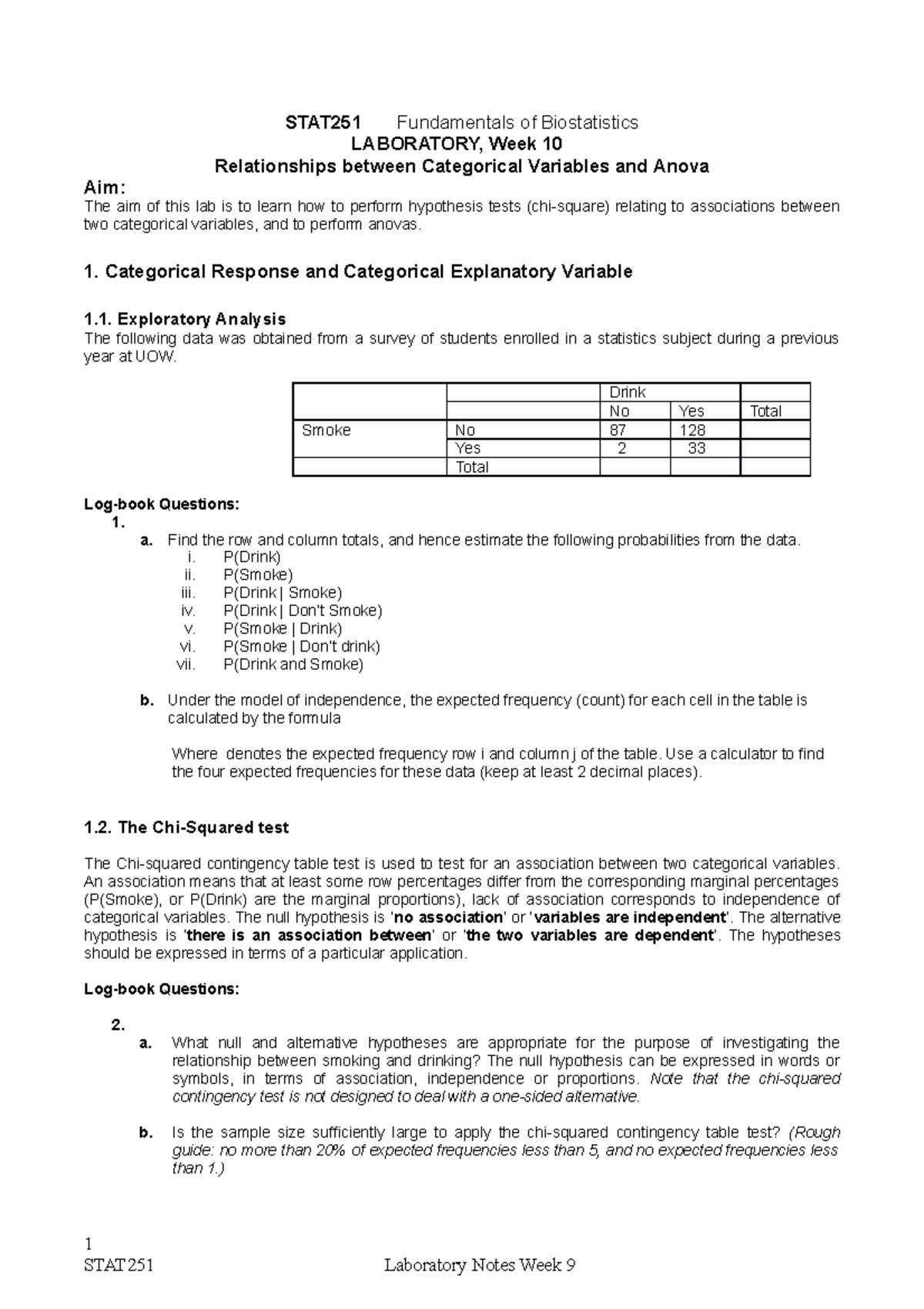 Lab Wk10 2023 - Lab - STAT251 Fundamentals of Biostatistics LABORATORY, Week 10 Relationships ...