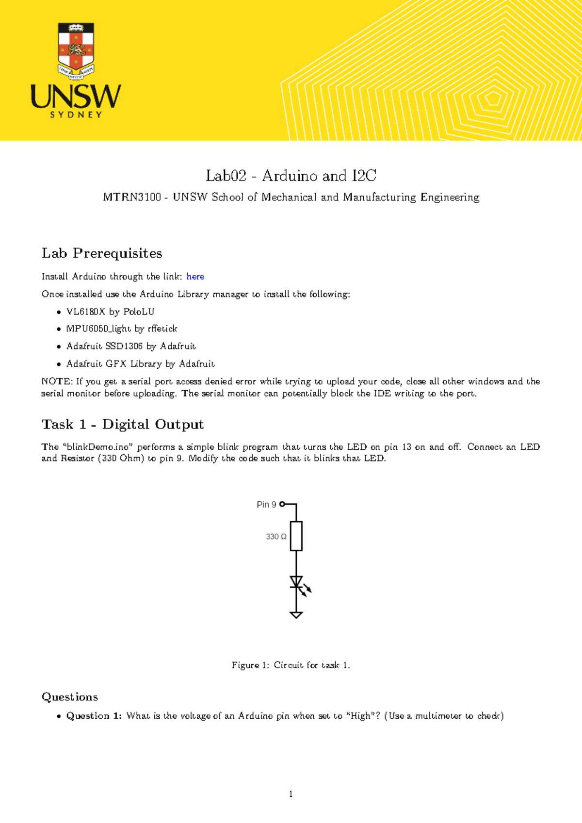 Lab02 Tasks - Lab 02 - Lab02 - Arduino and I2C MTRN3100 - UNSW School of Mechanical and - Studocu