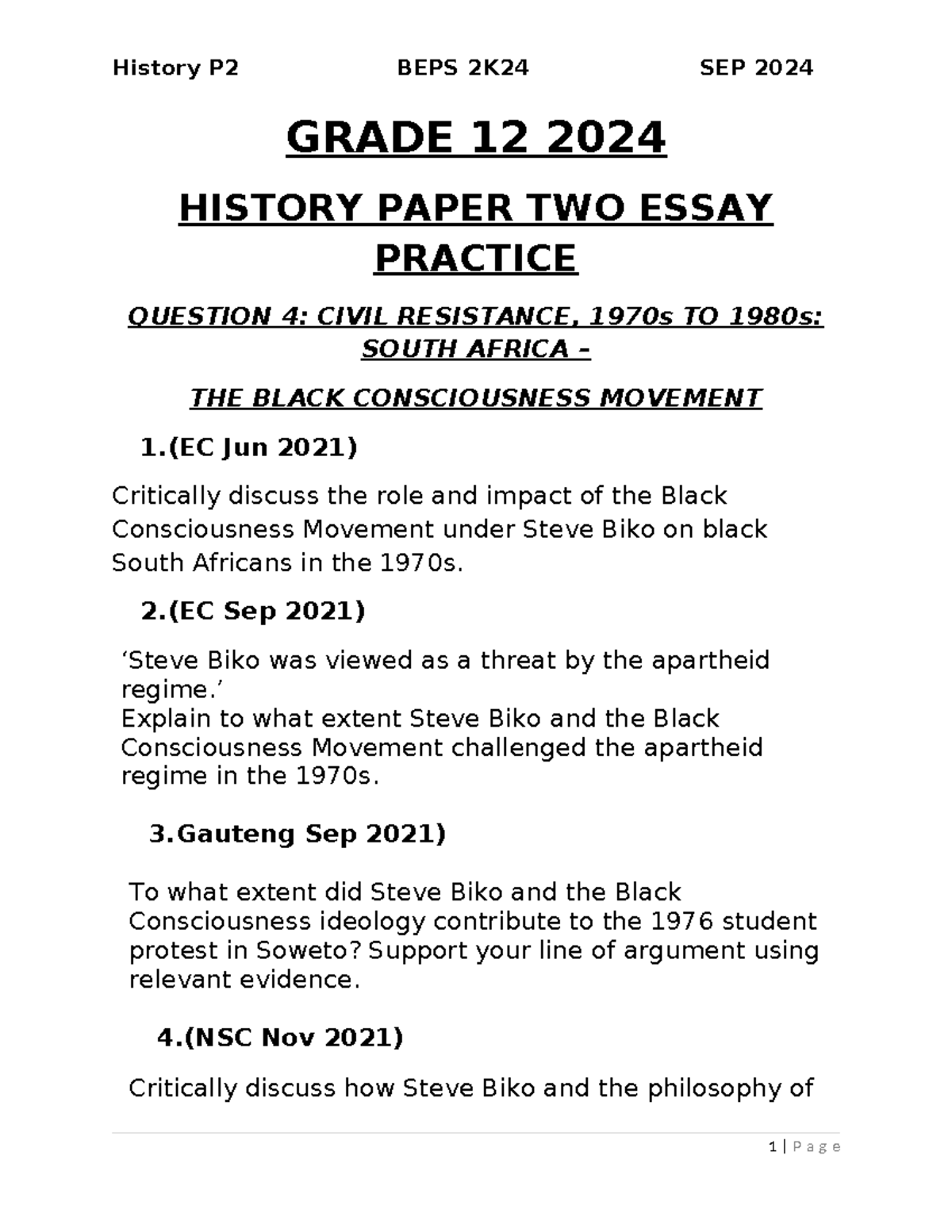 History Paper TWO Essay Revison 2024 - GRADE 12 2024 HISTORY PAPER TWO ...