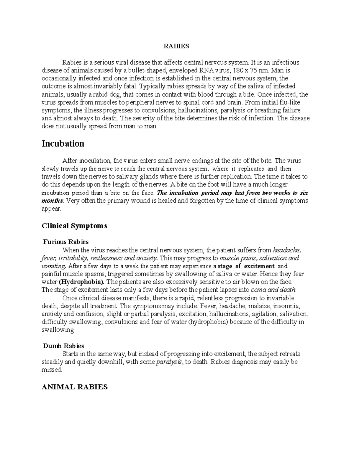 Rabies - Lecture notes 1-3 - RABIES Rabies is a serious viral disease ...
