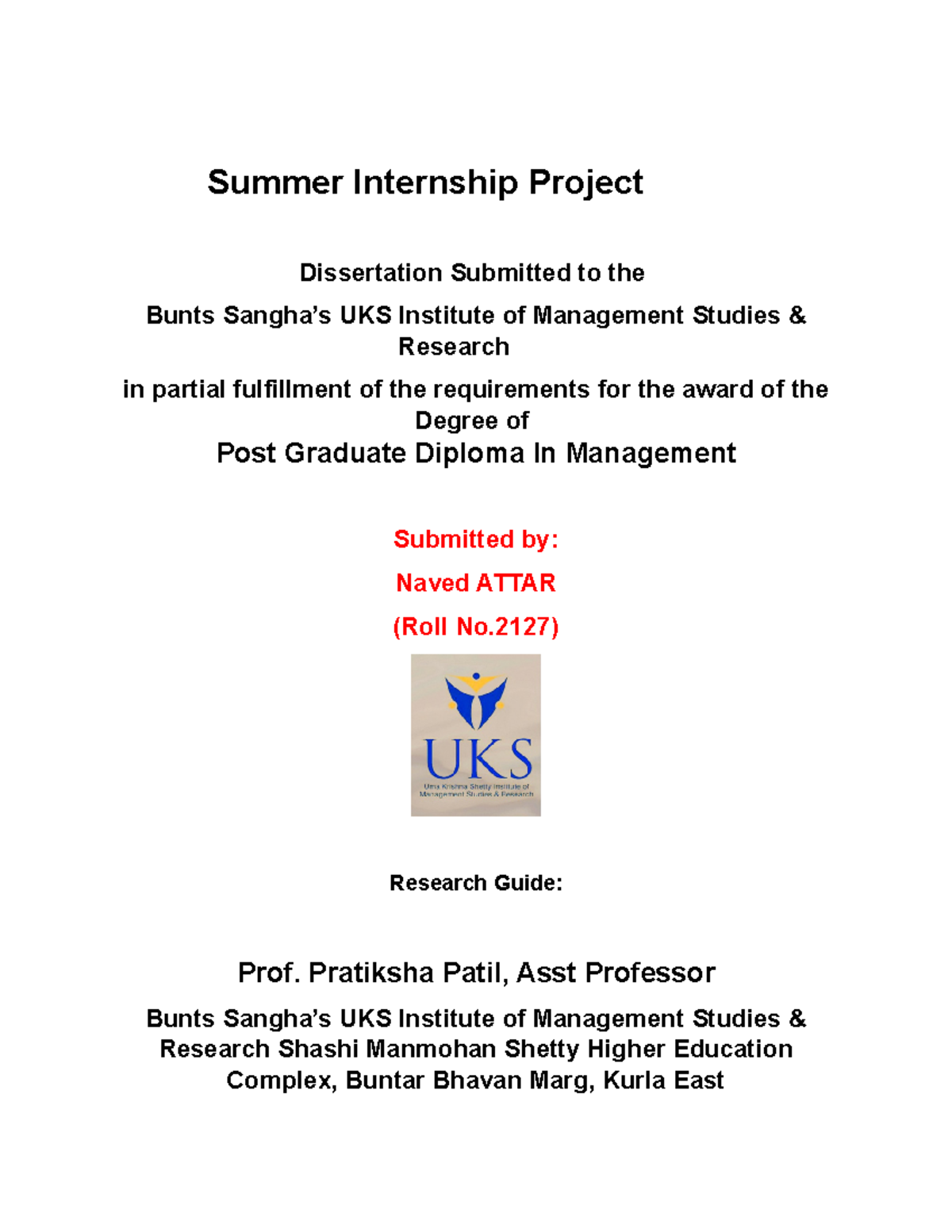 INTERNSHIP PROJECT - Summer Internship Project Dissertation Submitted ...