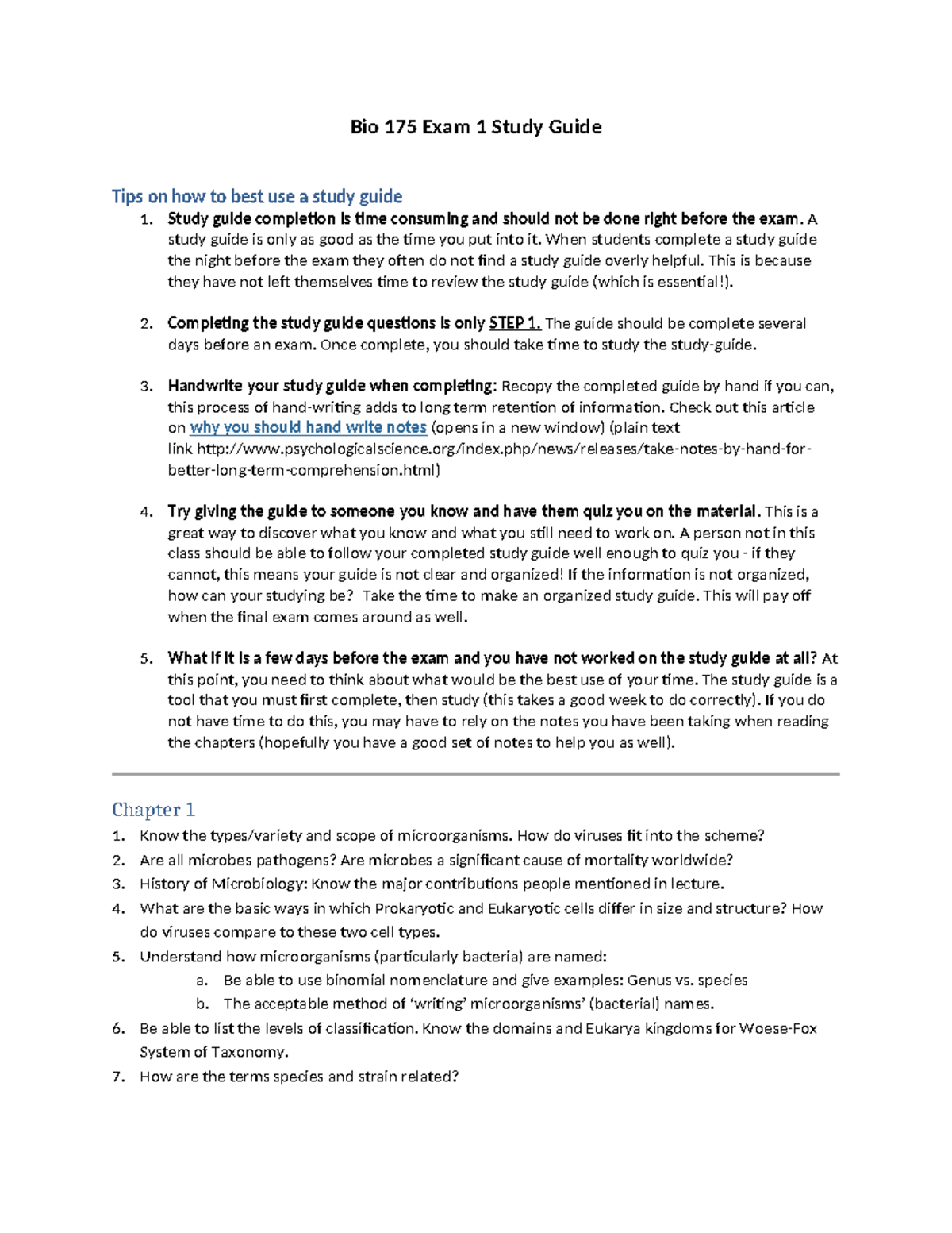 Bio175 Unit1 Study Guie Ch1234 - Bio 175 Exam 1 Study Guide Tips on how ...