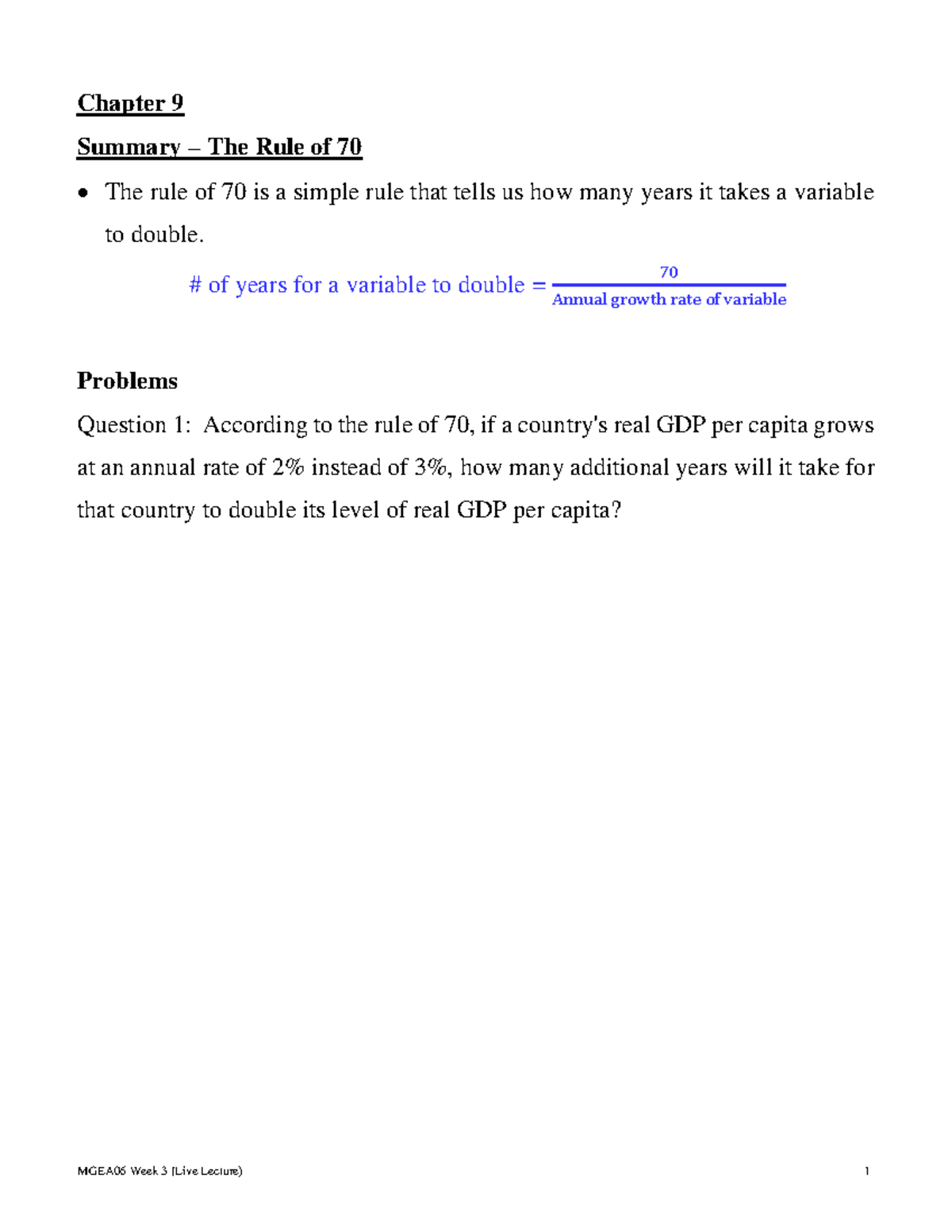 MGEA06 Week 3 - Long Run Economic Growth (Problems) - Chapter 9 Summary ...