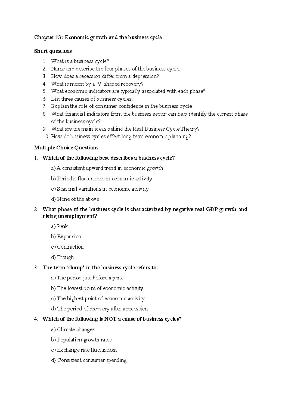 Chapter 13 study guide questions - Chapter 13: Economic growth and the business cycle Short ...
