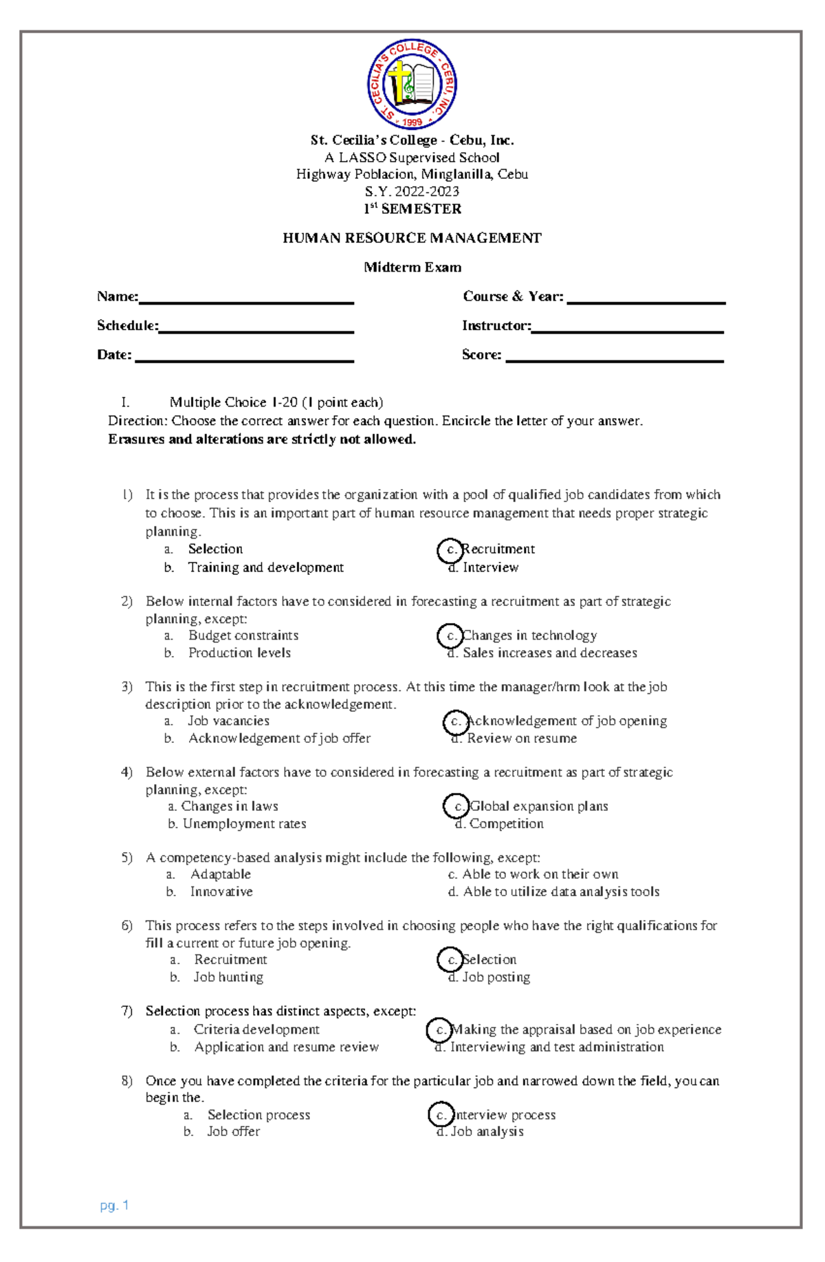 Midterm-Exam HRM 1st-Sem S.Y.-2022-2023 - St. Cecilia’s College - Cebu ...