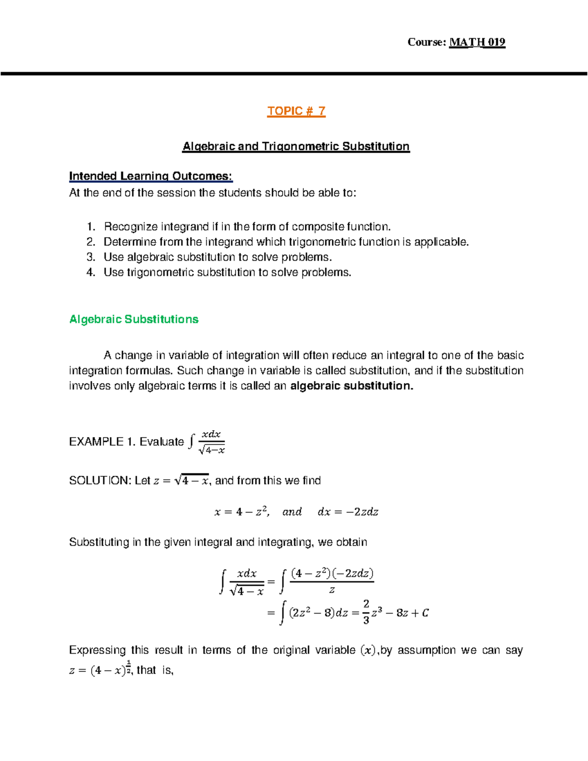 Algebraic and Trigonometric Substitution - Calculus 2 - TIP - Studocu